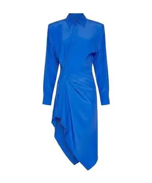 MUGLER Long Sleeve Padded Shoulder Asymmetrical Dress - Blue