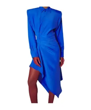 MUGLER Long Sleeve Padded Shoulder Asymmetrical Dress - Blue