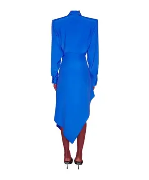 MUGLER Long Sleeve Padded Shoulder Asymmetrical Dress - Blue