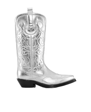 GANNI Mid Shaft Embroidered Western Boots - Silver