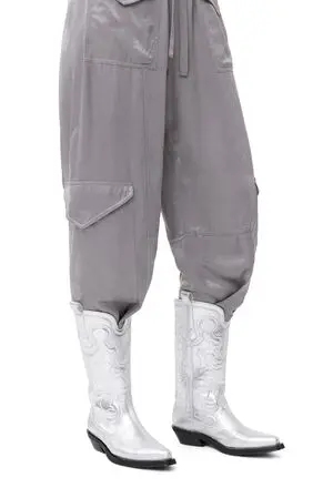 GANNI Mid Shaft Embroidered Western Boots - Silver