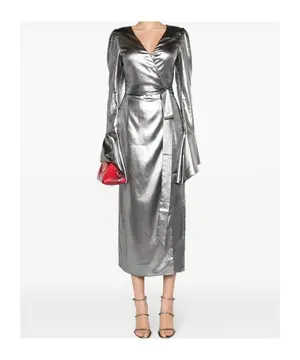 ROTATE BY BIRGER CHRISTENSEN Wrap Midi Dress With Deep V-neck And Bubble Sleeves