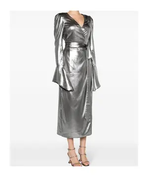 ROTATE BY BIRGER CHRISTENSEN Wrap Midi Dress With Deep V-neck And Bubble Sleeves