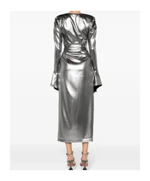 ROTATE BY BIRGER CHRISTENSEN Wrap Midi Dress With Deep V-neck And Bubble Sleeves