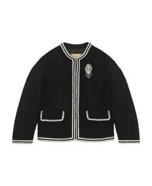 Gucci Interlocking G Tweed Jacket With Crystal Brooch