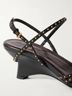 Khaite Studded Strappy Leather Wedge Sandals - Black