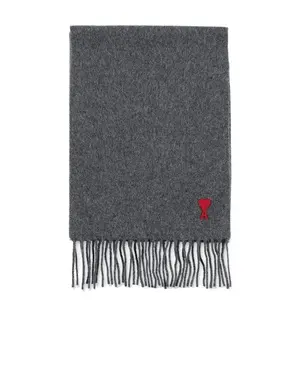 AMI Paris Logo Embroidered Fringed Scarf - Black