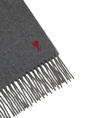 AMI Paris Logo Embroidered Fringed Scarf