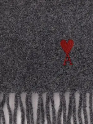 AMI Paris Logo Embroidered Fringed Scarf