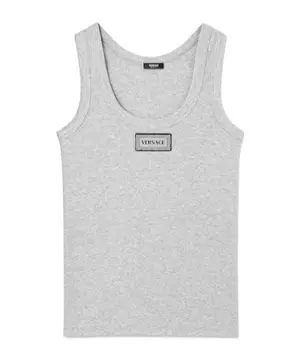 Versace Ribbed Stretch Tank Top With Retro Logo Patch - Grey