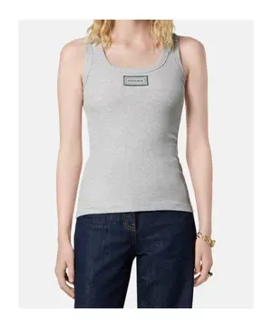 Versace Ribbed Stretch Tank Top With Retro Logo Patch - Grey