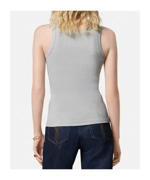 Versace Ribbed Stretch Tank Top With Retro Logo Patch - Grey