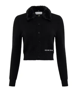 MARINE SERRE Wool Cropped Cardigan With Lapel Collar - Black