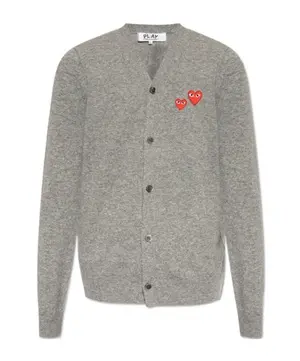 Play Comme Des Garcon Long Sleeve V-neck Cardigan With Heart Appliqu - Gray