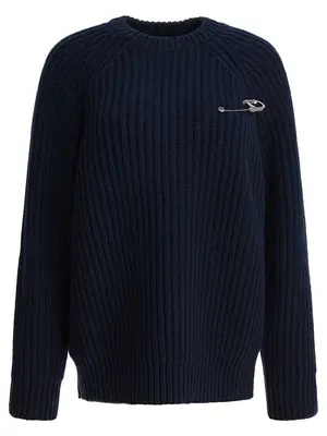 Prada Crewneck Ribbed Knit Sweater With Safety Pin Detail - Blue