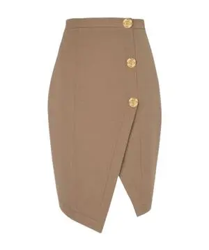 BALMAIN Balmain Taupe Wool Asymmetrical Skirt With Gold Buttons