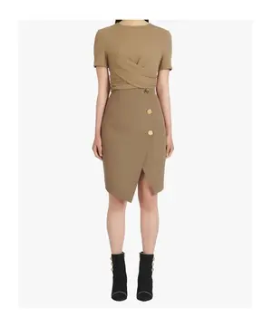 Balmain Taupe Wool Asymmetrical Skirt With Gold Buttons - Brown