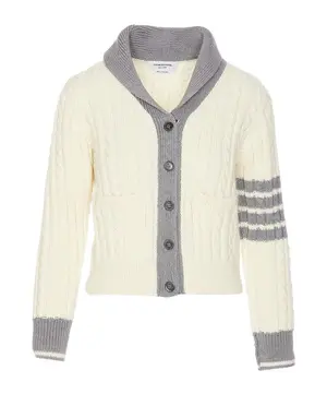Thom Browne 4-bar Long Sleeve Shawl Collar Cardigan - White