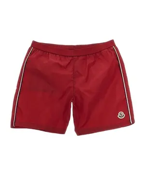 Moncler Elastic Waist Shorts With Tricolor Piping And Logo Patch - Red