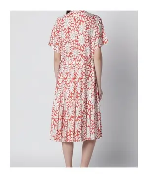 Prada Printed Pleated Pongé Midi Dress With Necktie Detail