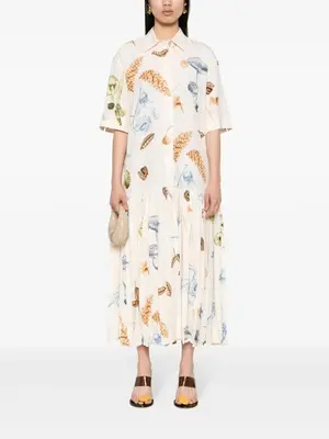JIL SANDER Pleated Botanical Print Maxi Dress