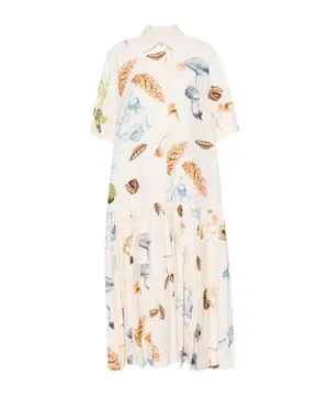 JIL SANDER Pleated Botanical Print Maxi Dress - White