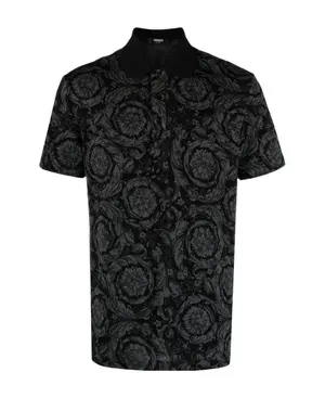 Versace Barocco-jacquard Short-sleeved Polo Shirt - Black