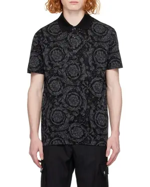 Versace Barocco-jacquard Short-sleeved Polo Shirt - Black