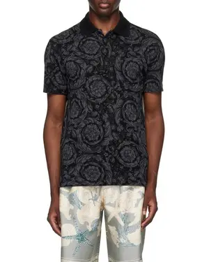 Versace Barocco-jacquard Short-sleeved Polo Shirt - Black