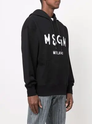 MSGM Logo Printed Drawstring Hoodie - Black