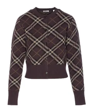 Burberry Checked Crewneck Knitted Cardigan - Black
