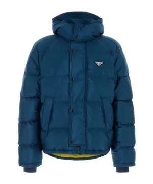 Prada Padded Hooded Jacket With Logo Plaque - Blue