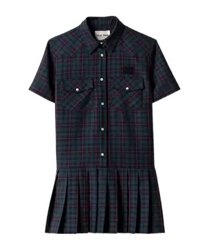 Miu Miu Pleated Plaid Mini Dress