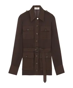Saint Laurent Saharienne Belted Long-sleeved Dress - Brown