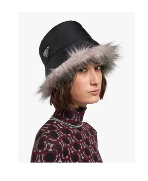 Prada Re-nylon Bucket Hat With Fur Trim