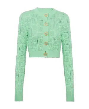 Balmain Monogram Mesh Knit Cropped Cardigan