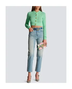 Balmain Monogram Mesh Knit Cropped Cardigan