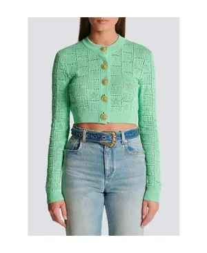 Balmain Monogram Mesh Knit Cropped Cardigan