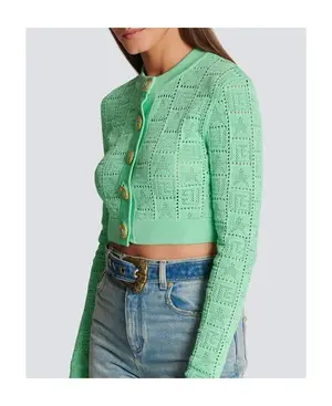 Balmain Monogram Mesh Knit Cropped Cardigan