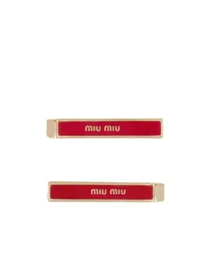 Miu Miu Enameled Metal Hair Clips With Logo Detail - Red