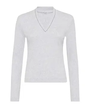Brunello Cucinelli Long Sleeve V-neck Ribbed Jersey Top
