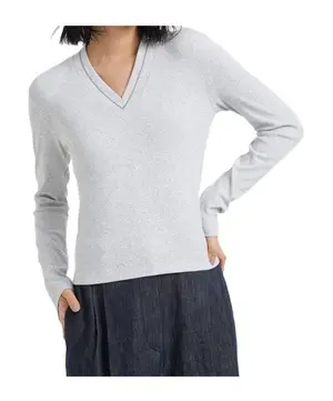 Brunello Cucinelli Long Sleeve V-neck Ribbed Jersey Top
