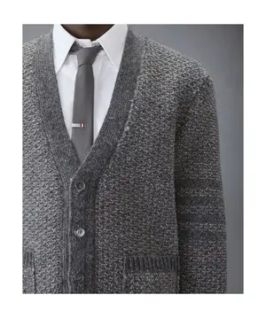 Thom Browne V-neck Chunky-knit Cardigan With Striped Trim - Grey
