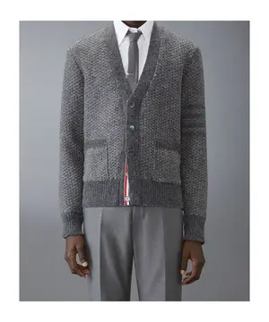 Thom Browne V-neck Chunky-knit Cardigan With Striped Trim - Grey
