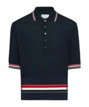 Thom Browne Float Ripple Stitch Rwb Stripe Polo Shirt - Navy Blue