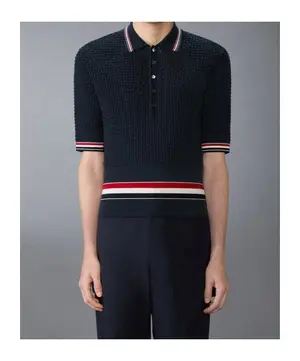 Thom Browne Float Ripple Stitch Rwb Stripe Polo Shirt - Navy Blue