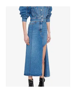 Alexander McQueen Slashed Cut-out Denim Midi Skirt