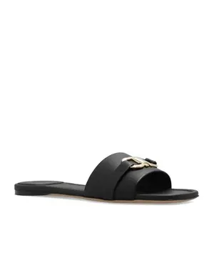 FERRAGAMO Open Toe Square Head Slides With Logo Carving