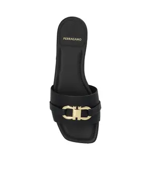 FERRAGAMO Open Toe Square Head Slides With Logo Carving