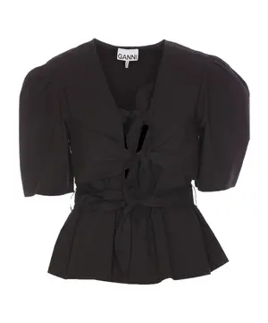 GANNI Bow Detailed Puff-sleeved Blouse - Black